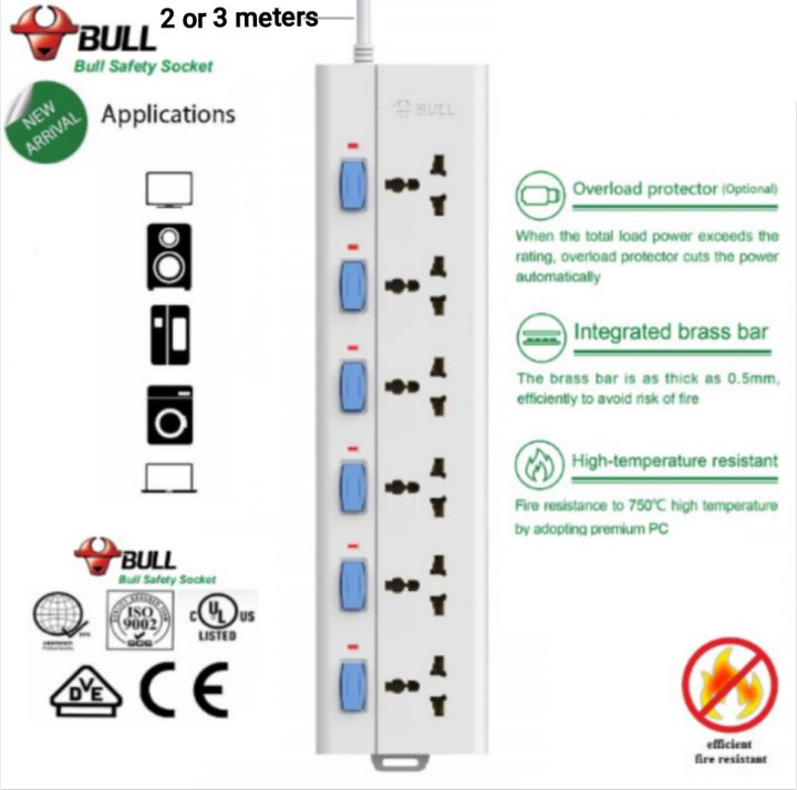BULL EXTENSION CORD BOARD WITH INDIVIDUAL SWITCH WHITE 6SOCKETS 2 OR 3 METERS GNTP-S3060(-30 ...