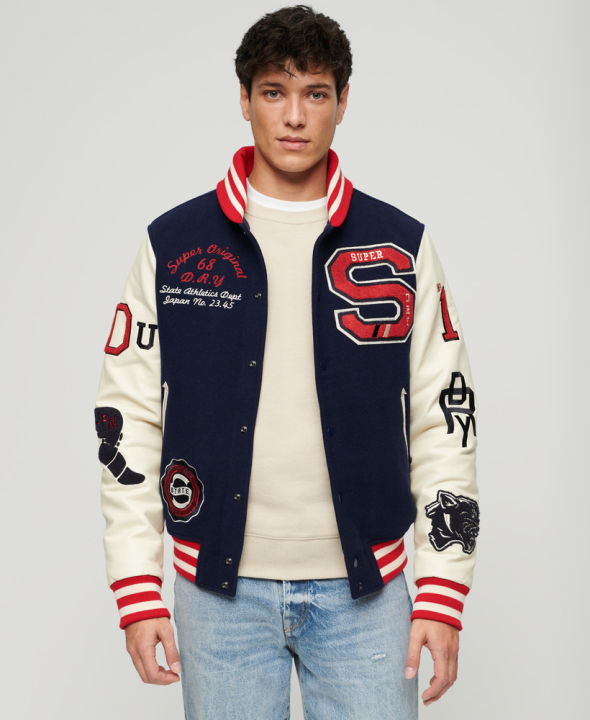 College Varsity Patched Bomber Jacket - Atlantic Navy | Lazada Singapore