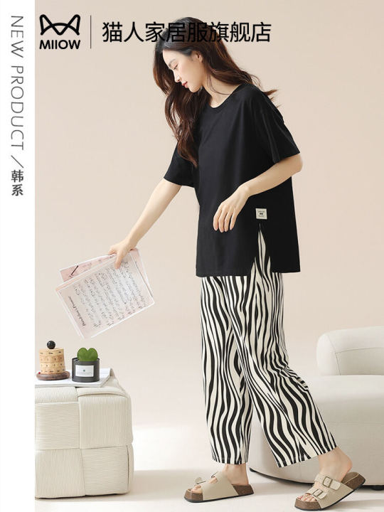 ชุดนอนผู้หญิง MiiOW ฤดูร้อน 2025 แขนสั้น ผ้าฝ้ายแท้ สไตล์เกาหลี เสื้อผ้าใส่ในบ้าน ชุดนอน ลาย ...