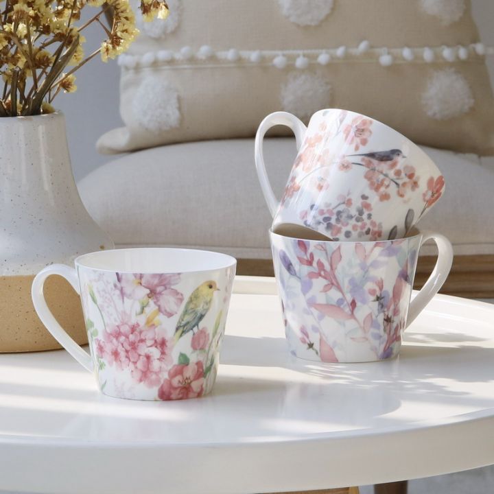 Japanese Style Fresh Ceramic Mug High Bone China Flower and Bird Flower ...