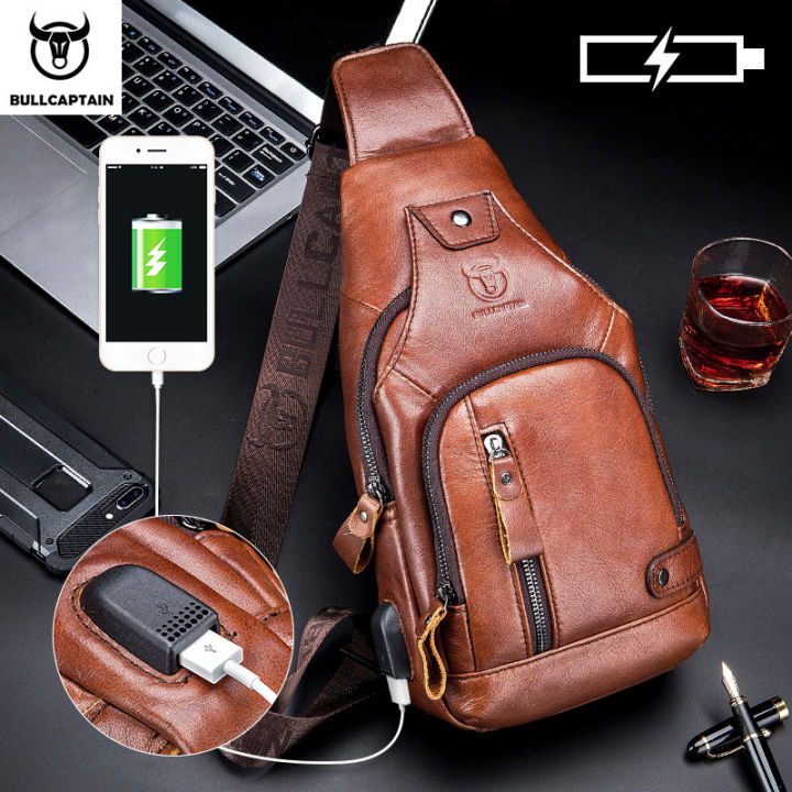 BULLCAPTAIN Leather Chest Bag Men's USB Charging Shoulder Crossbody Bag ...