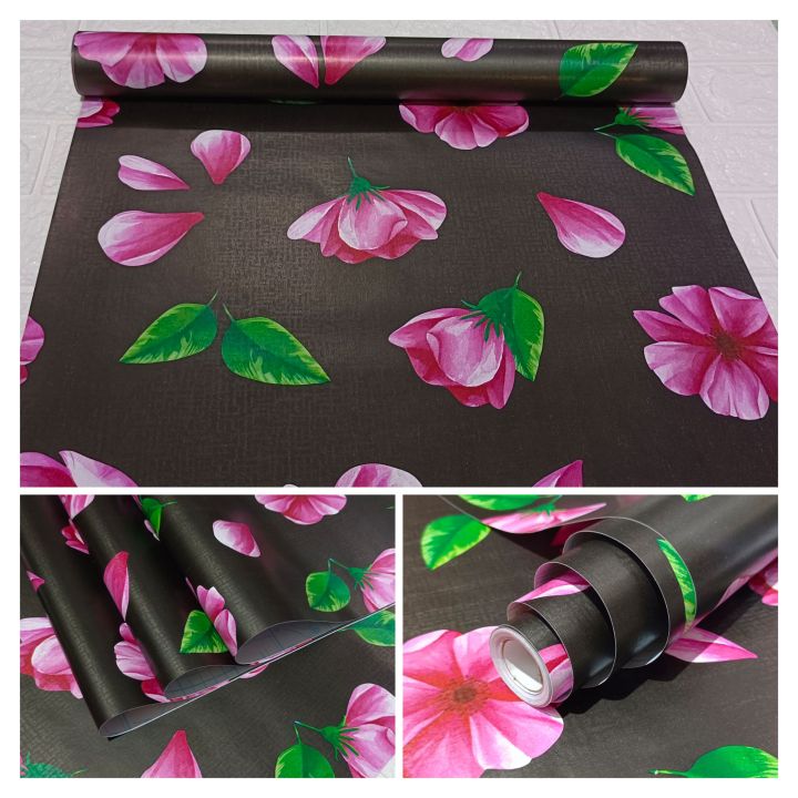 Wallpaper sticker dinding motif Bunga pink Daun hijau mewah elegant ...