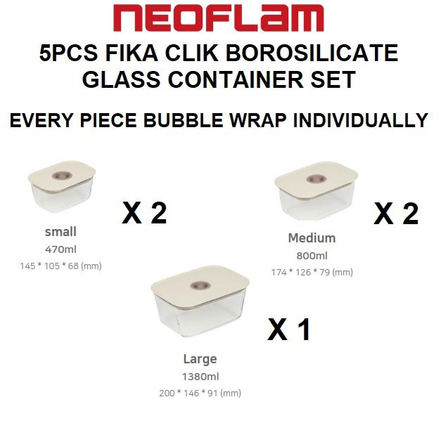 Neoflam Fika Clik Borosilicate Glass Container Set (5 containers ...