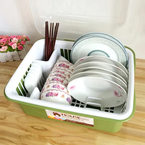 Plastic Kitchen Storage Box Bowl Dish Drainer Cover Bowl Rack Utensil ...