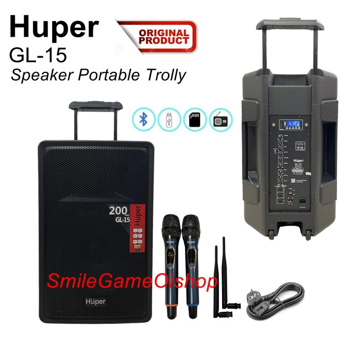 SPEAKER PORTABLE HUPER GL-15 RMS200 WATTS BONUS 2 MIC WIRELESS HANDLE ...