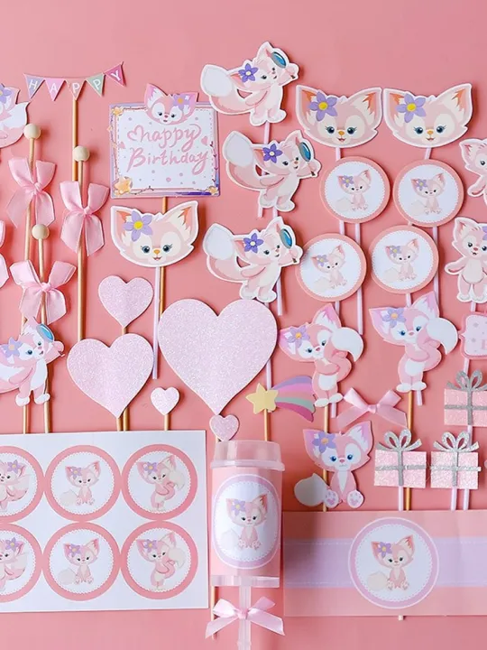 Pink Fox Cartoon Birthday Cake Topper Push Push Joy Stickers Dessert ...