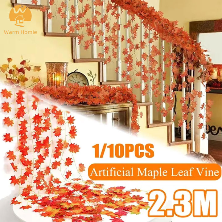 10PCS 2.3M Artificial Vine Autumn Red Maple Leaf Fake Plants Home Decor ...