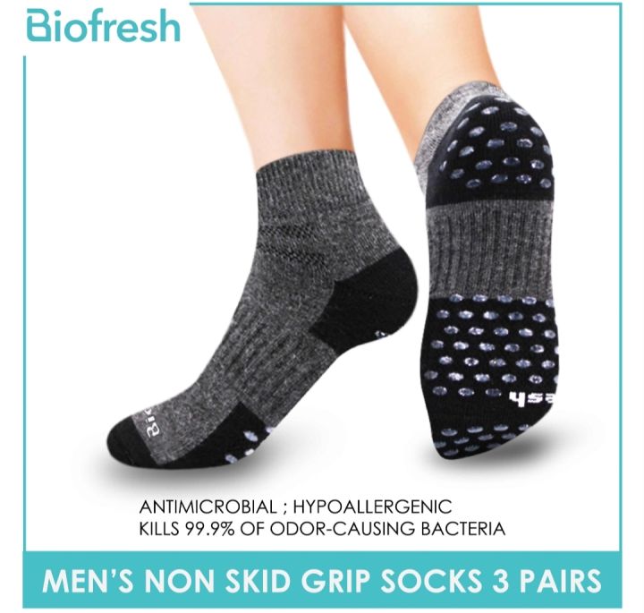 Biofresh Men's Antimicrobial Non Skid Grip Ankle Socks 3 pairs in a ...