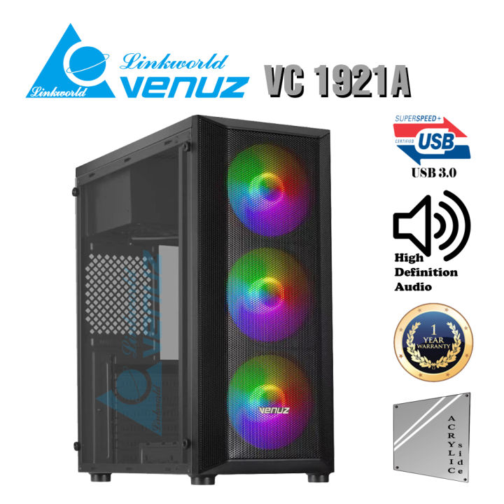 VENUZ Acrylic Side ATX Computer Case VC 1921A with Rainbow RGB Fan x 3 – Black | Lazada.co.th