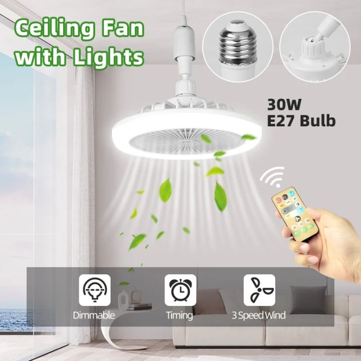 30W Ceiling Fan With Lights Remote Control 25cm Modern Leafless Ceiling ...