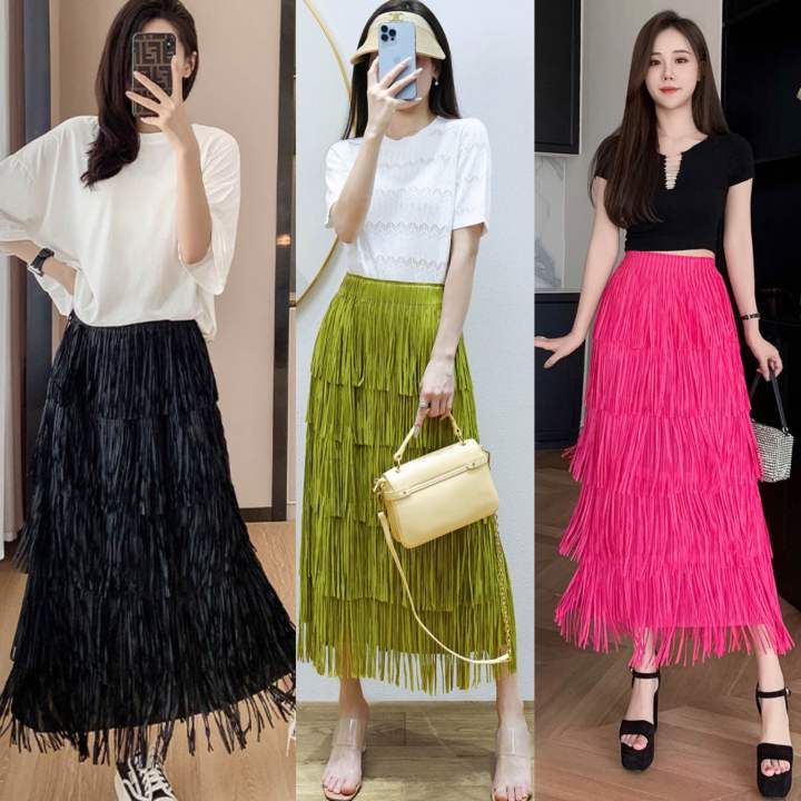 Fancy layers skirt กระโปรงยาวคลุมเข่า ดีเทลเย็บเลเยอร์แต่งพู่ถี่ มี15สี ...