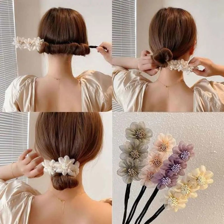 Women Lace Flower Coil Hair Device Ball Head Bud Plate Hair Band Retro ...