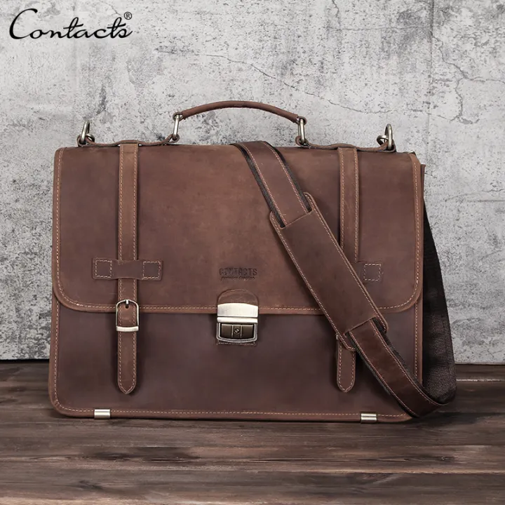 CONTACT'S Crazy Horse Leather Men's Bag Briefcase Men Business Bag High ...