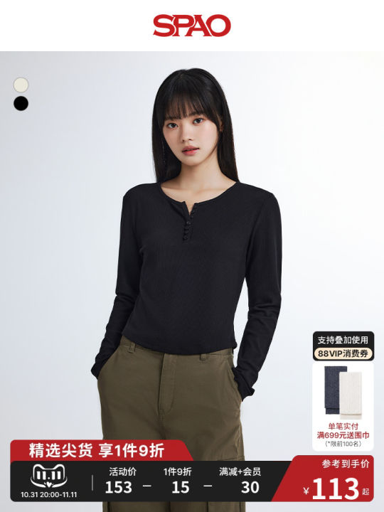 เสื้อยืดคอกลมแขนยาวผู้หญิง SPAO ฤดูใบไม้ร่วง 2024 สไตล์หวานและเท่ เสื้อเชิ้ตลำลอง ผ้าผสม ...