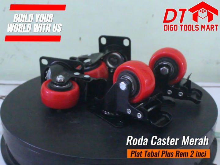 Roda Caster Merah Plat Tebal Hidup 2 Inci Plus Rem Roda Nylon Merah ...