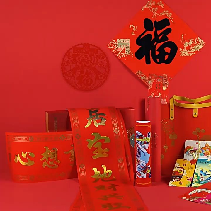 CNY 2025蛇年 新年装饰 书法春节对联 中国红春联 防晒大礼包套（对联 福 红包 春花 礼包）新年 手写 书法 CNY Greeting ...