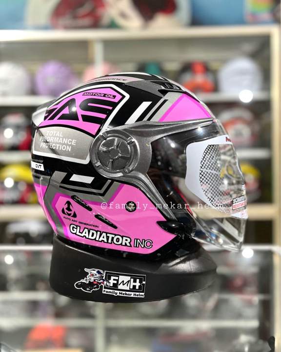 HELM NHK GLADIATOR MOTIF GAS BLACK/PINK HELM HALF FACE DOUBLE VISOR ...