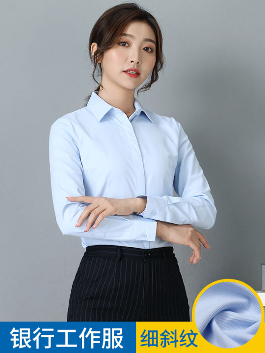 Long Sleeve Bank Work Uniform Shirt for Women Light Blue Fine Twill ...