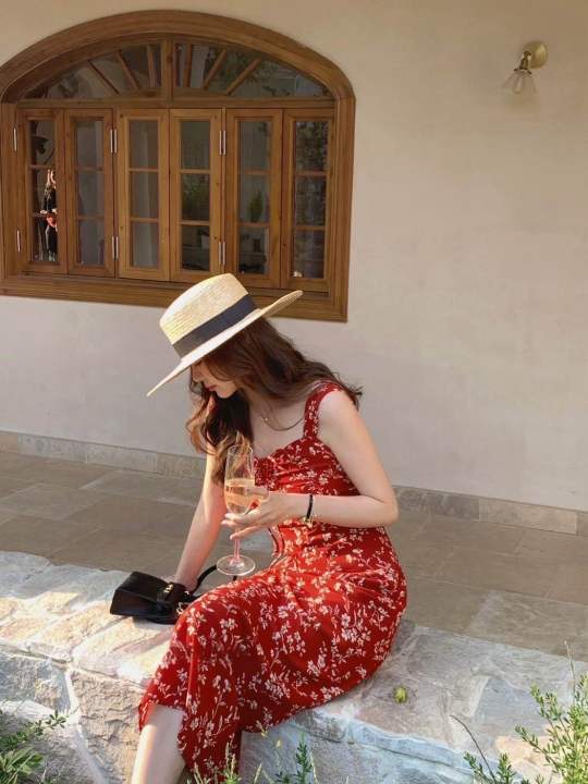 kloset A - เดรสสายเดี่ยวตัวยาวสีแดงลายดอก | Lazada.co.th