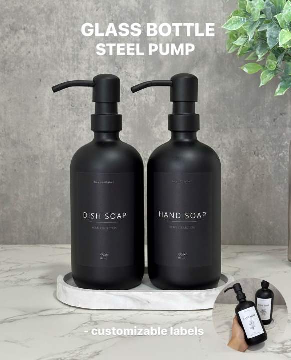 Black GLASS PUMP BOTTLE with steel pump - Premium Soap Dispenser with ...