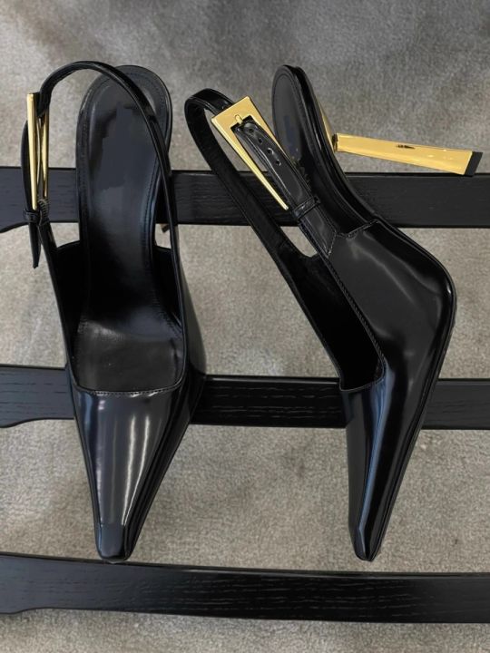 สีดำ รองเท้าส้นสูงหัวเหลี่ยม เซ็กซี่ รองเท้าแตะส้นโลหะกลวง ฤดูใบไม้ผลิ ...