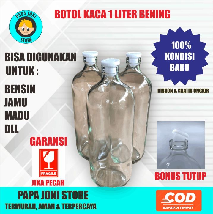 Botol Kaca Bening 1000 ml / Botol Bensin 1 Liter / Botol Jamu / Botol ...