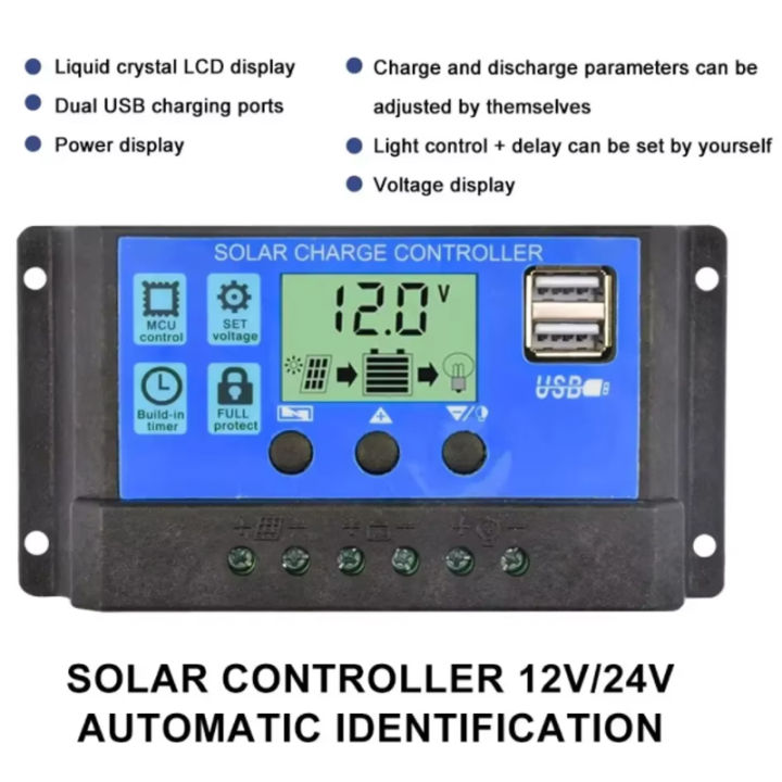 Solar Charge Controller 12V24V 30A/10A Auto LCD Dual USB 5V Output ...