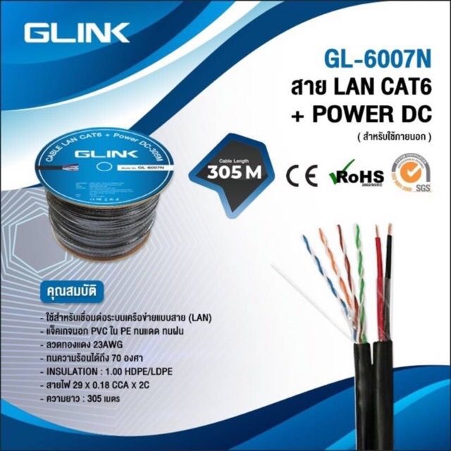 สาย LAN CAT6E UTP+ไฟ ยาว300เมตร ยี่ห้อ Glink สายแลนcat6มีไฟยาว305เมตร ...
