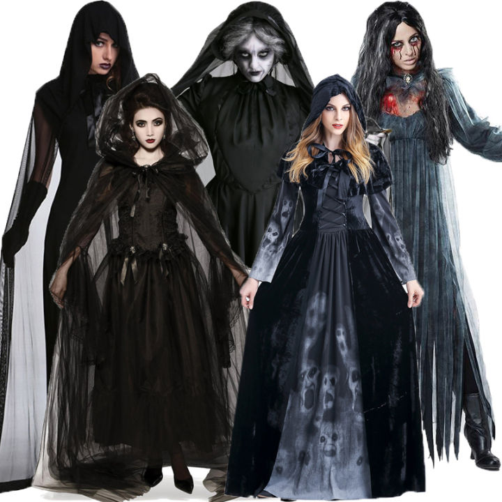 Adult Women Vampire Costume Halloween Ghost Bride Witch Dress With Cape ...