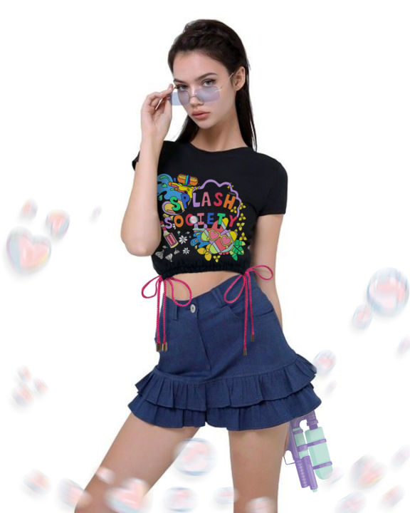 iCONiC VIVID FESTIVAL CROP TOP #7413 เสื้อครอป ผ้ายืด สีดำ หน้าสั้นหลัง ...