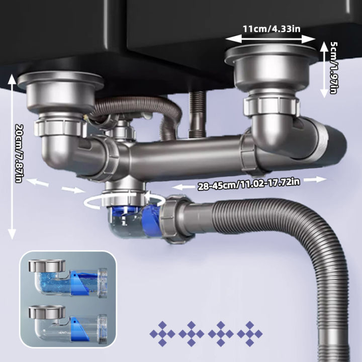 Double Sink Drain Pipe Kit Expandable Flexible Trap for Double Kitchen ...