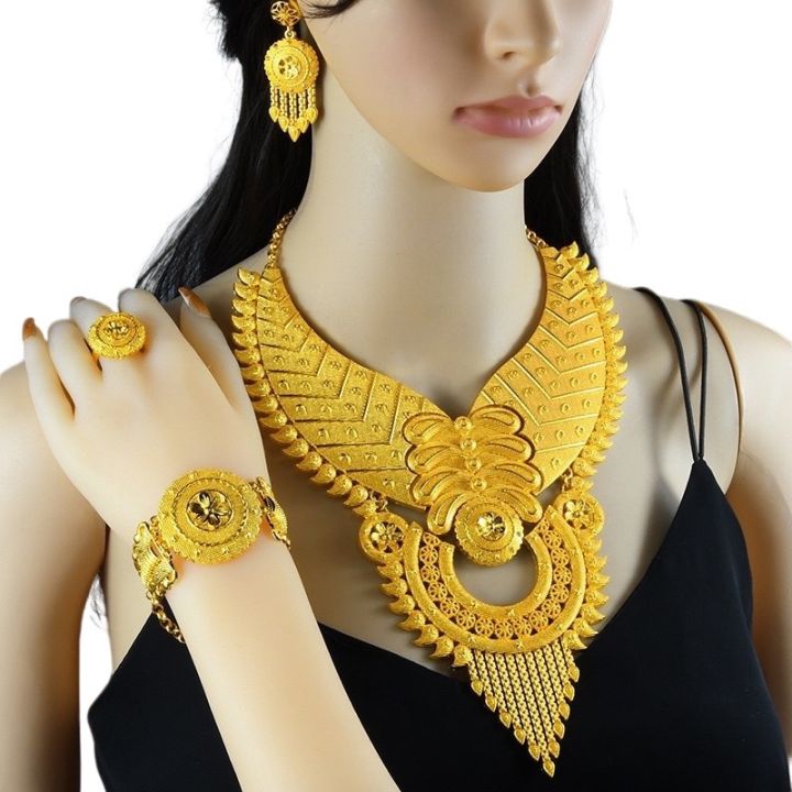 Gold Plated Necklace Earrings Ring Bracelet Set for Royal Bride Ethnic ...