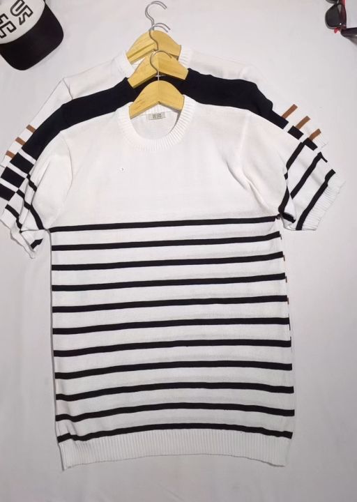 sweater rajut pria tangan pendek kerah bulat - belang hitam strip putih ...
