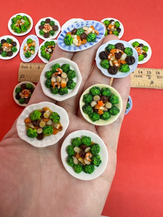 Handmade Miniature Stir fry broccoli with dried mushrooms and seared ...