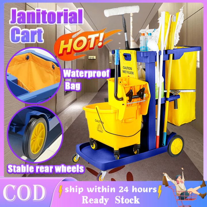 [COD+ Fast Delivery] Movable Cleaning Trolley Cart Janitorial Cleaning Cart With Waterproof ...
