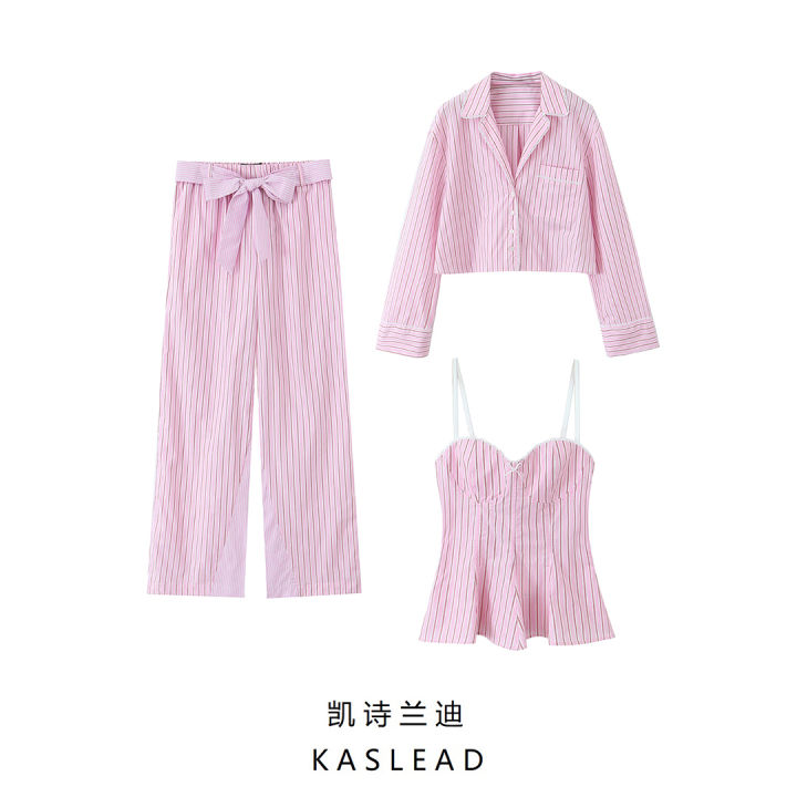 เสื้อเชิ้ตสั้นลายทาง KASLEAD สำหรับผู้หญิง กางเกงขายาวลำลอง เสื้อกั๊ก ...