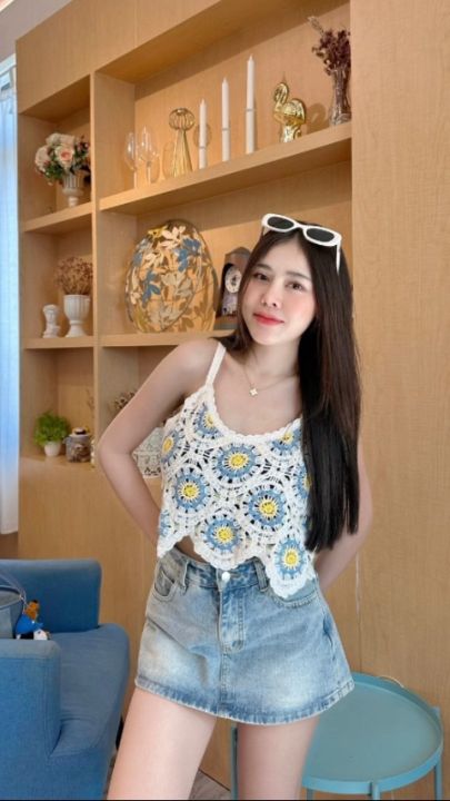 🌈MesubShop🌈เสื้อสายเดี่ยว ผ้าไหมพรมถักปักฉลุลายดอก 💖 ใส่ไปเที่ยวทะเลน่าร้าก ผ้านุ่ม พร้อมส่งจ้า ...