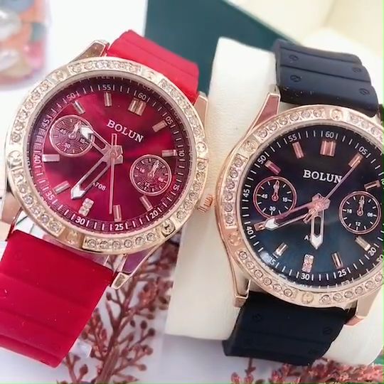 BOLUN นาฬิกาข้อมือ แบรนด์แท้ หน้าปัดประดับเพชร สายยาง | Lazada.co.th