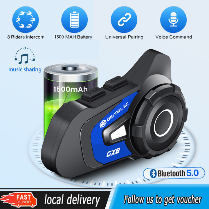 GEARELEC GX8 Motorcycle Intercom Helmet Headset For 6-8 Riders 1500M ...