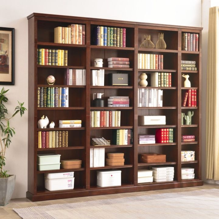 American Style Solid Wood Bookcase Full Wall Log Storage Cabinet Floor ...