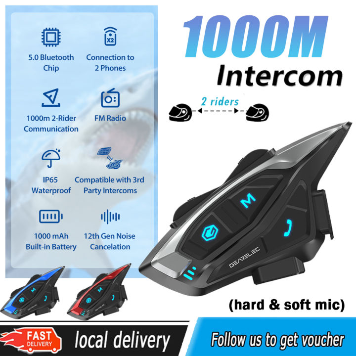 GEARELEC Shark Motorcycle Bluetooth Intercom Headset 2-Rider intercom ...