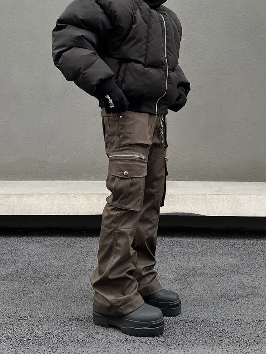 Blaexit กางเกงทรงคาร์โก้สีน้ำตาลมีซิปมีกระเป๋าแนวไฮสตรีทสไตล์อเมริกัน ...