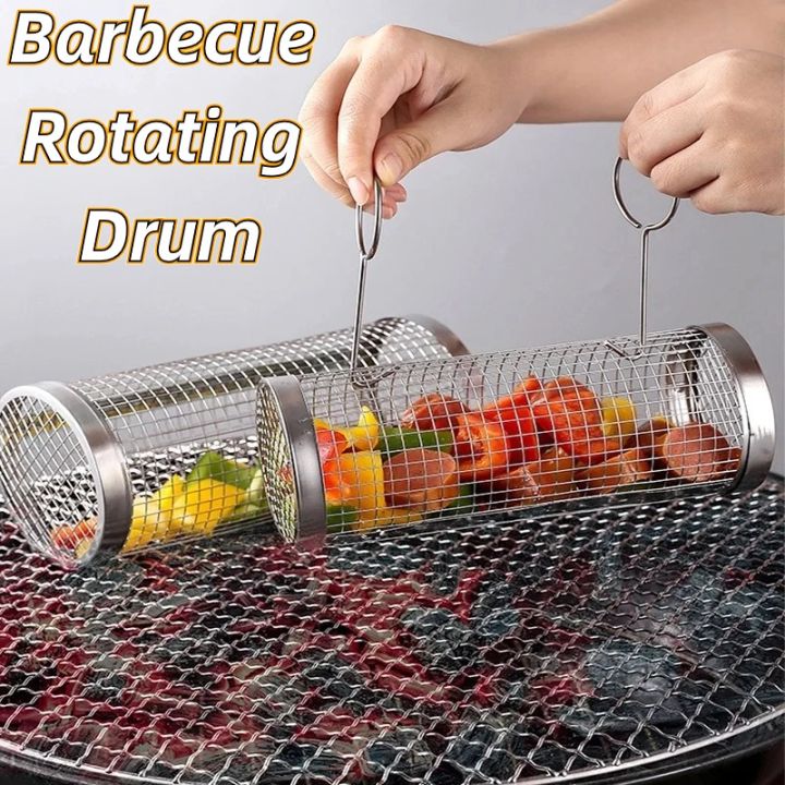 Rolling Grilling Basket BBQ Net Tube Round Stainless Steel BBQ Grill ...