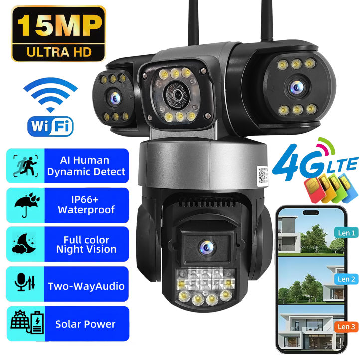 15MP 4G SIM Surveillance Camera Triple-Lens Triple Screens IP66 Outdoor ...