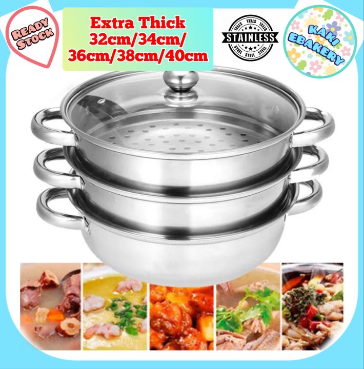 32/34/36/38/40cm Extra Thick Stainless Steel 3Tiers Steamer Cookware ...