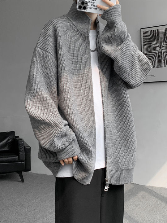 Gray Zipper Cardigan Sweater Jacket Men's Autumn Winter Trend Loose ...