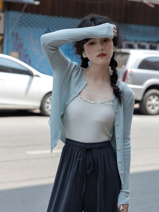 เสื้อสเวตเตอร์ถักผ้าไอซ์ซิลค์ยี่ห้อ Qianjie เสื้อคาร์ดิแกนกันแดดแบบบาง ...