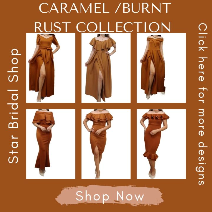 CARAMEL BROWN BURNT RUST COLOR BRIDAL ENTOURAGE BRIDESMAIDS LONG GOWNS ...