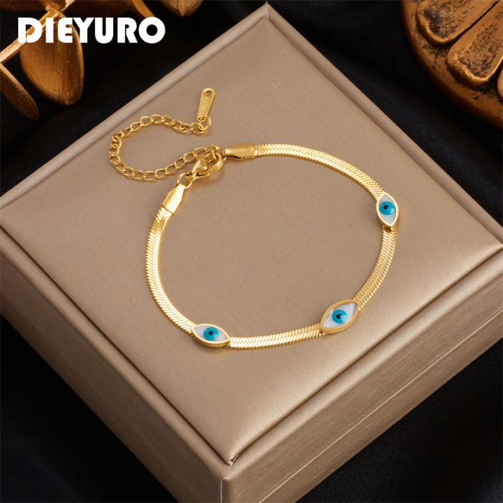 DIEYURO 316L สแตนเลสสีฟ้าสร้อยข้อมือกันสนิม Gold สีหญิงนาฬิกาข้อมือเครื่องประดับงานแต่งงาน ...