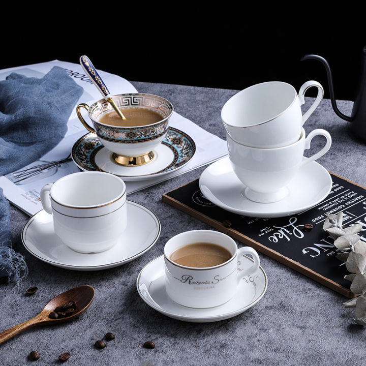 Ceramic Coffee Set Set Minimalist Pure White Gold Thread Milky Tea Cup ...
